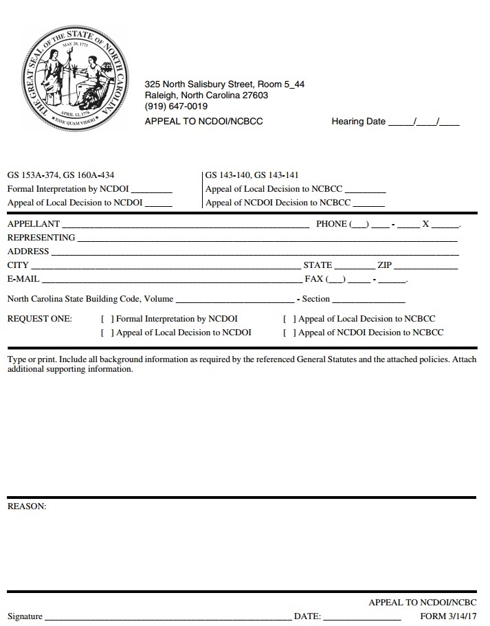 APPENDIX E APPEALS NORTH CAROLINA BUILDING CODE COUNCIL - 2018 NORTH CAROLINA STATE BUILDING ...